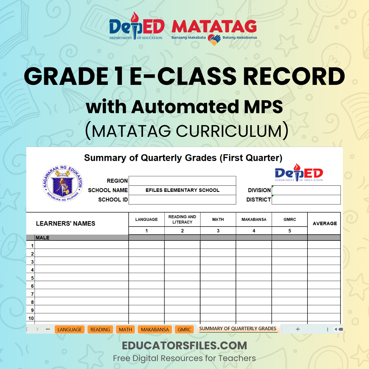 Grade 1 E Class Record Matatag With Automated Mps Educators Files